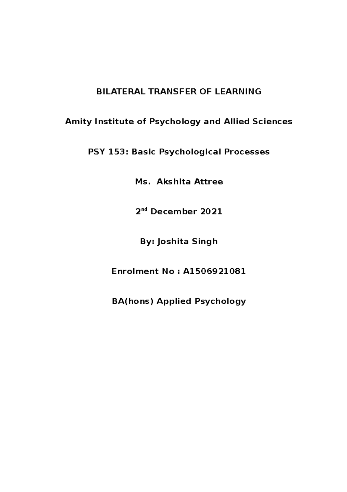 PSY 153: Bilateral Transfer of Learning - Practical Experiment Report ...