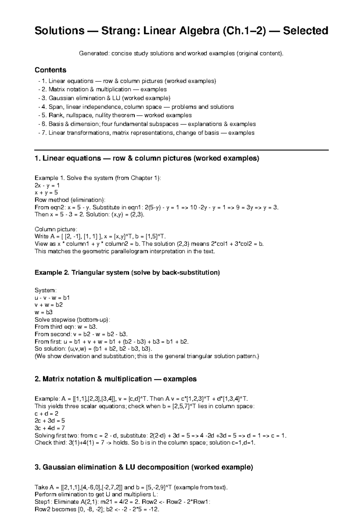 Strang Linear Algebra Solutions: Ch 1-2 Worked Examples - Studocu