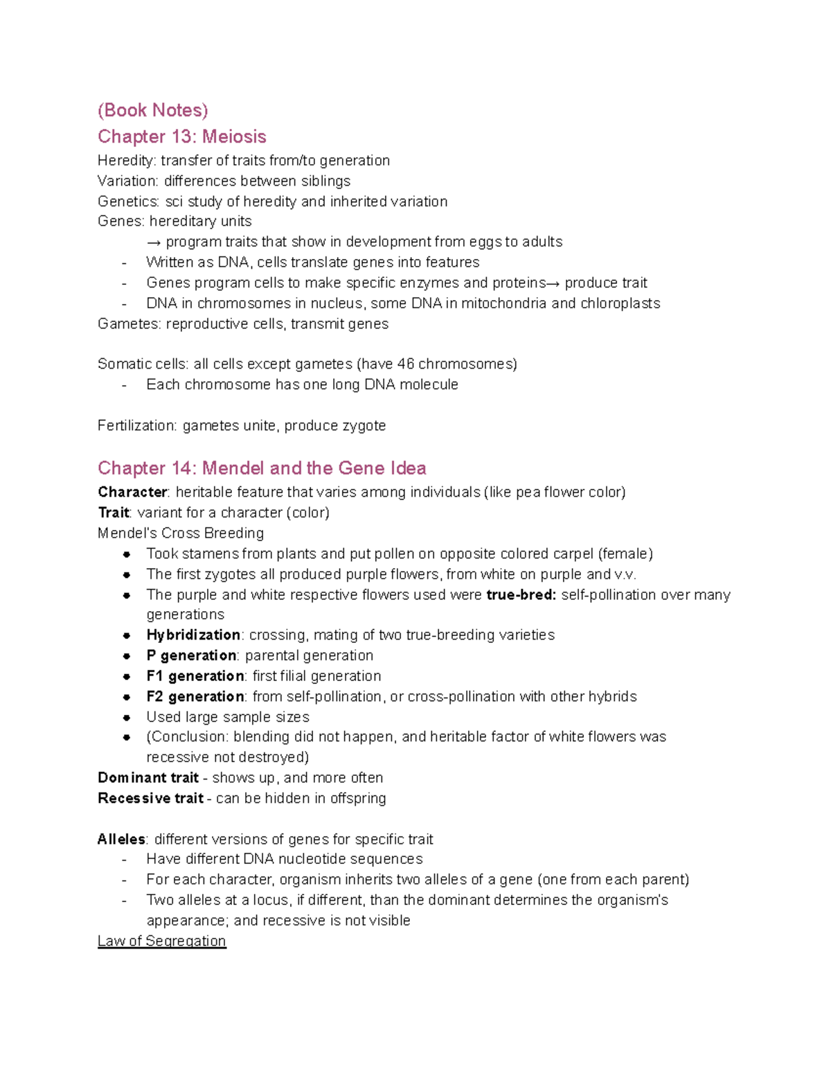 Bio 101 Ch. 13-15: Genetics, Meiosis, and Mendel's Principles Notes ...