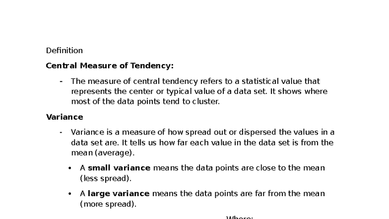 MMW - Central Measures of Tendency & Variance Analysis - Studocu