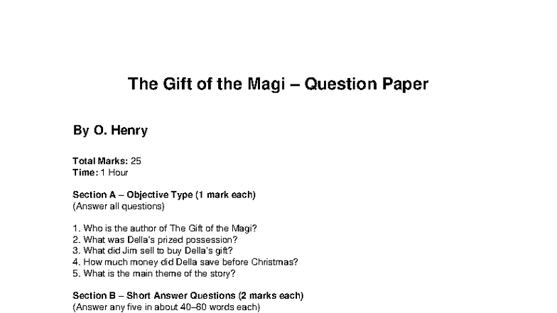 The Gift of the Magi Question Paper & Solutions - O. Henry - Studocu