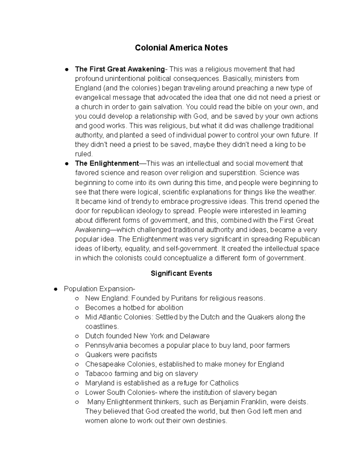 Colonial America: Key Topics and Events Overview (HIST 101) - Studocu