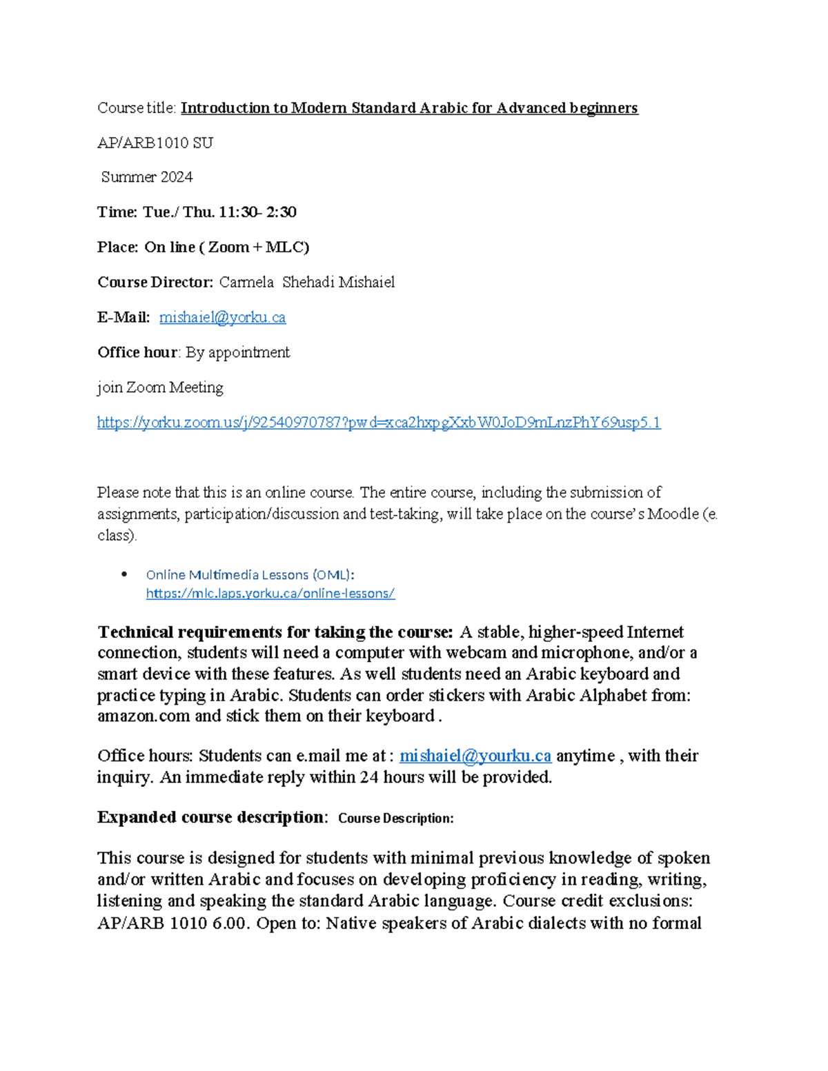 Course Outline: ARB 1010 Introduction to Modern Standard Arabic SU 2025 ...
