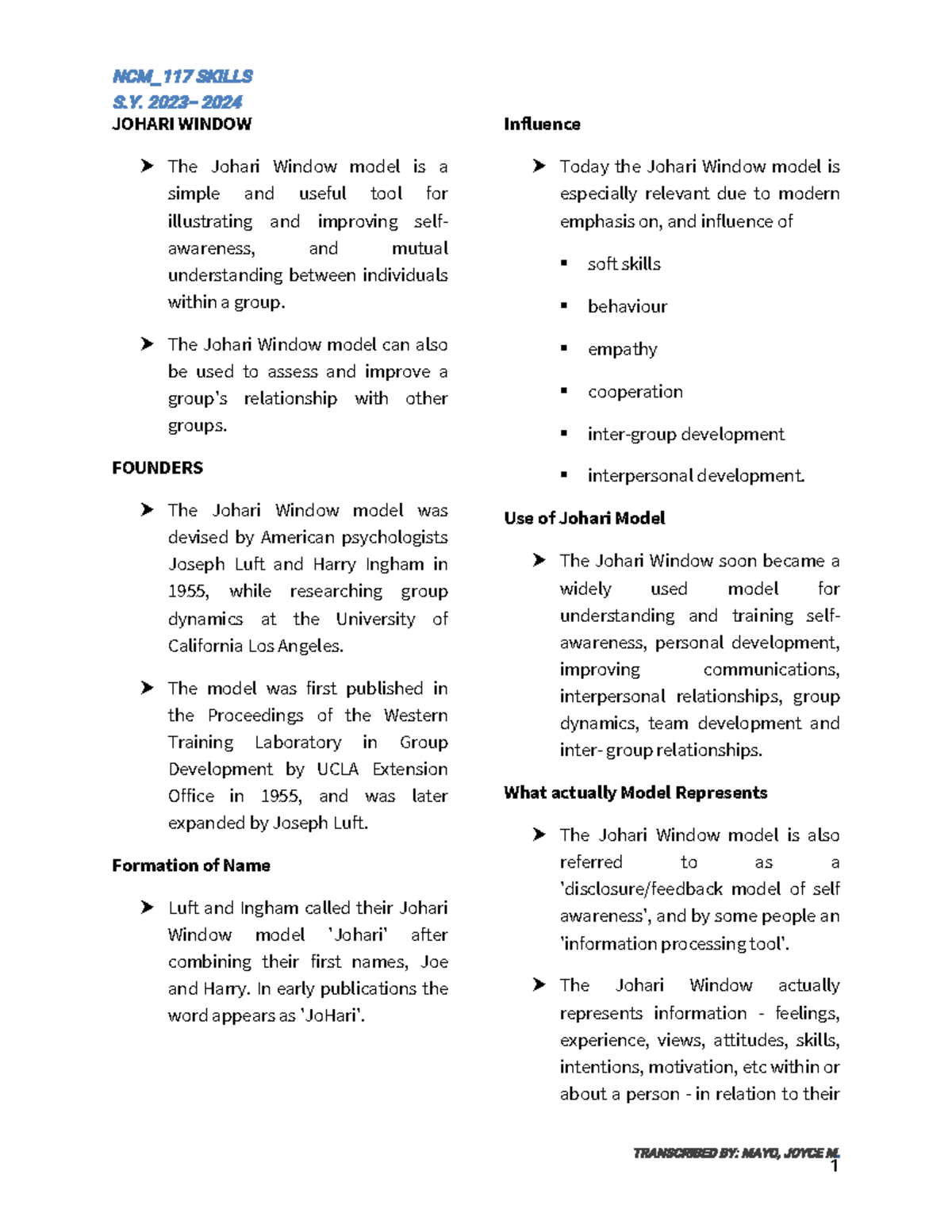 NCM 117 Skills (Prelims): Understanding the Johari Window Model - Studocu