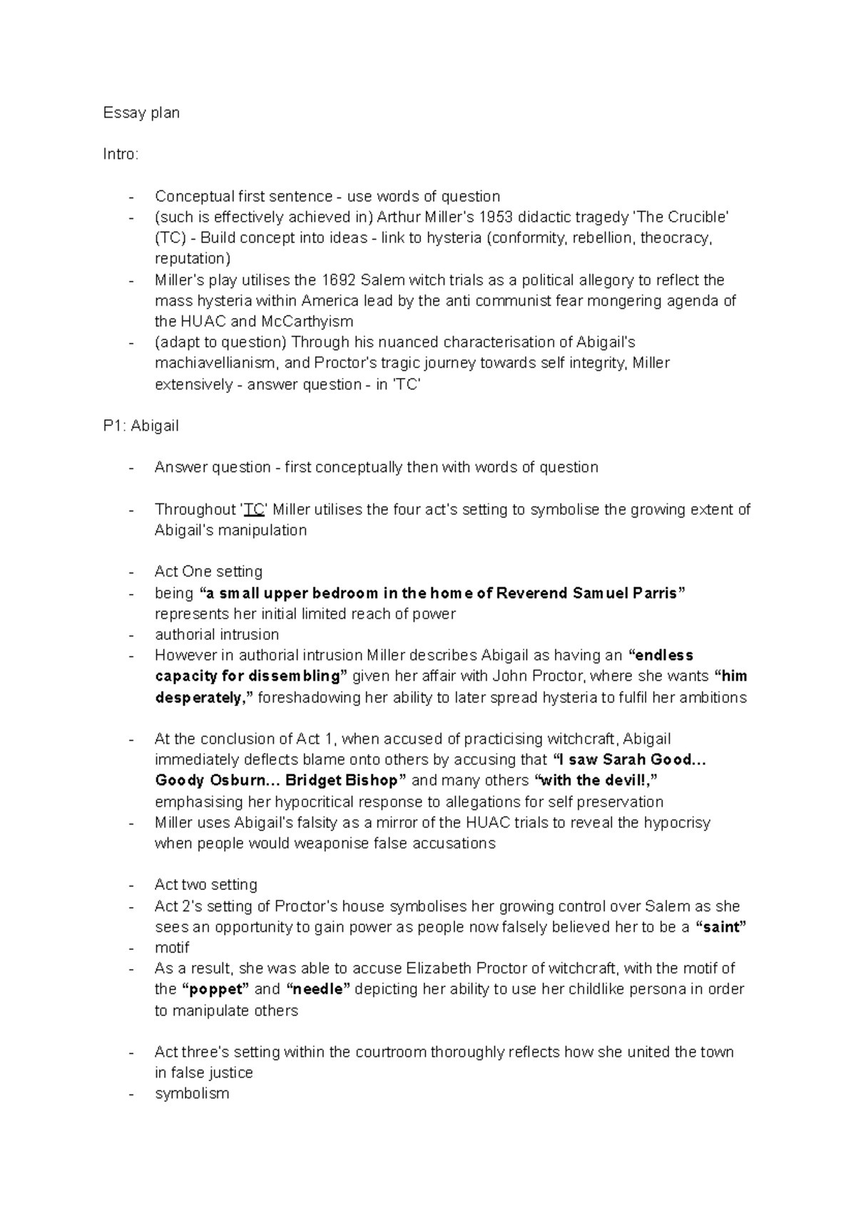 Crucible Essay Plan: Analyzing Hysteria and Characterization in Arthur ...