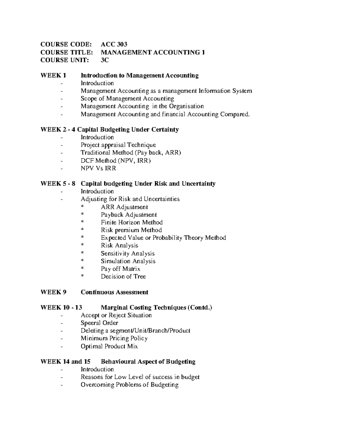 ACC 303 Management Accounting Course Outline and Key Topics - Studocu