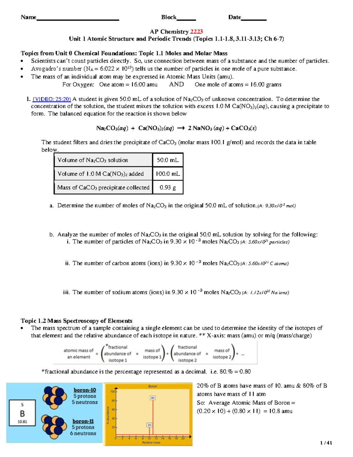 Unit 1 Atomic Structure NTS AP2223 - Name ...
