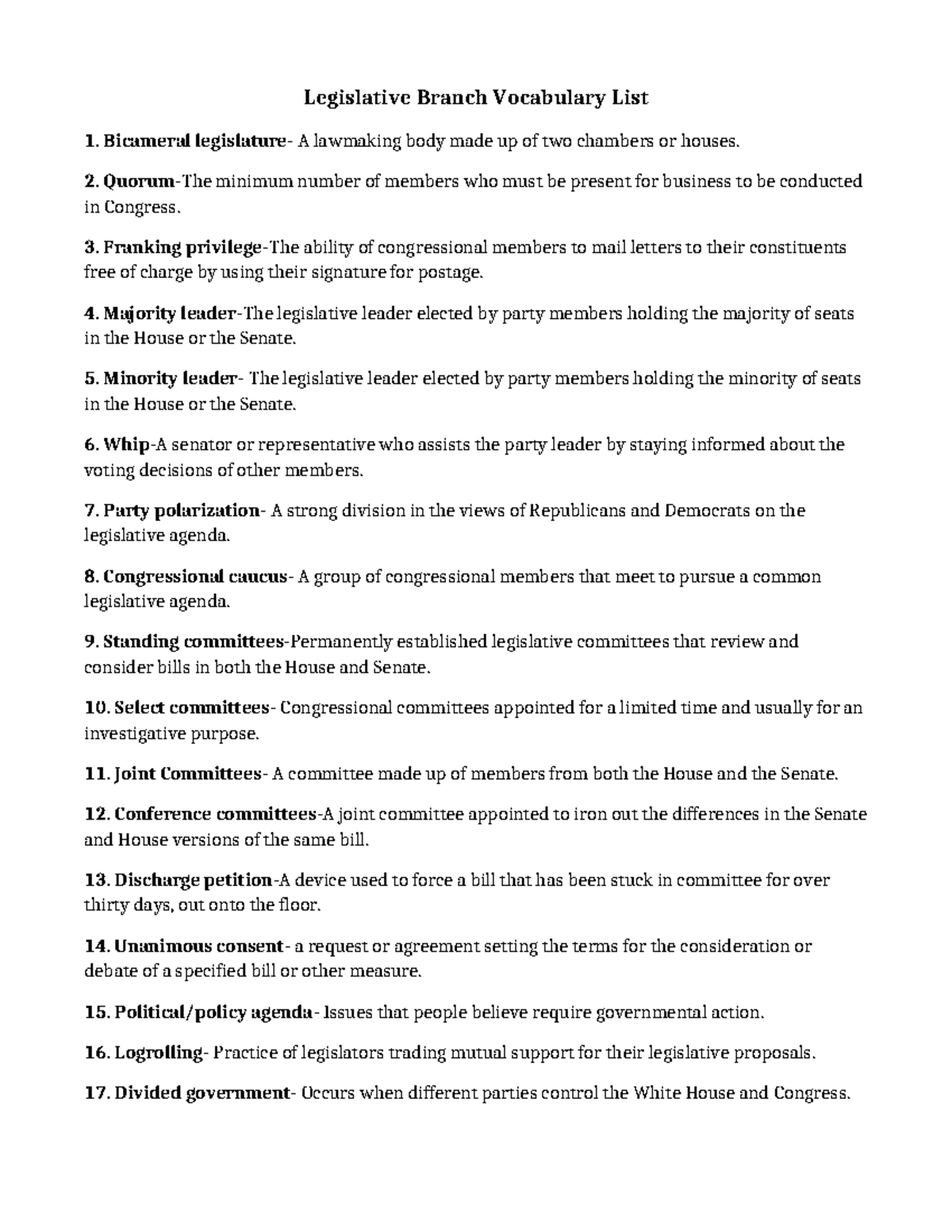 Legislative branch vocabulary list: key terms and definitions - Studocu