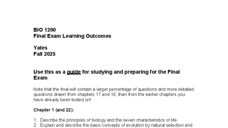 BIO 1200 Final Exam Study Guide: Key Learning Outcomes for Yates Fall ...