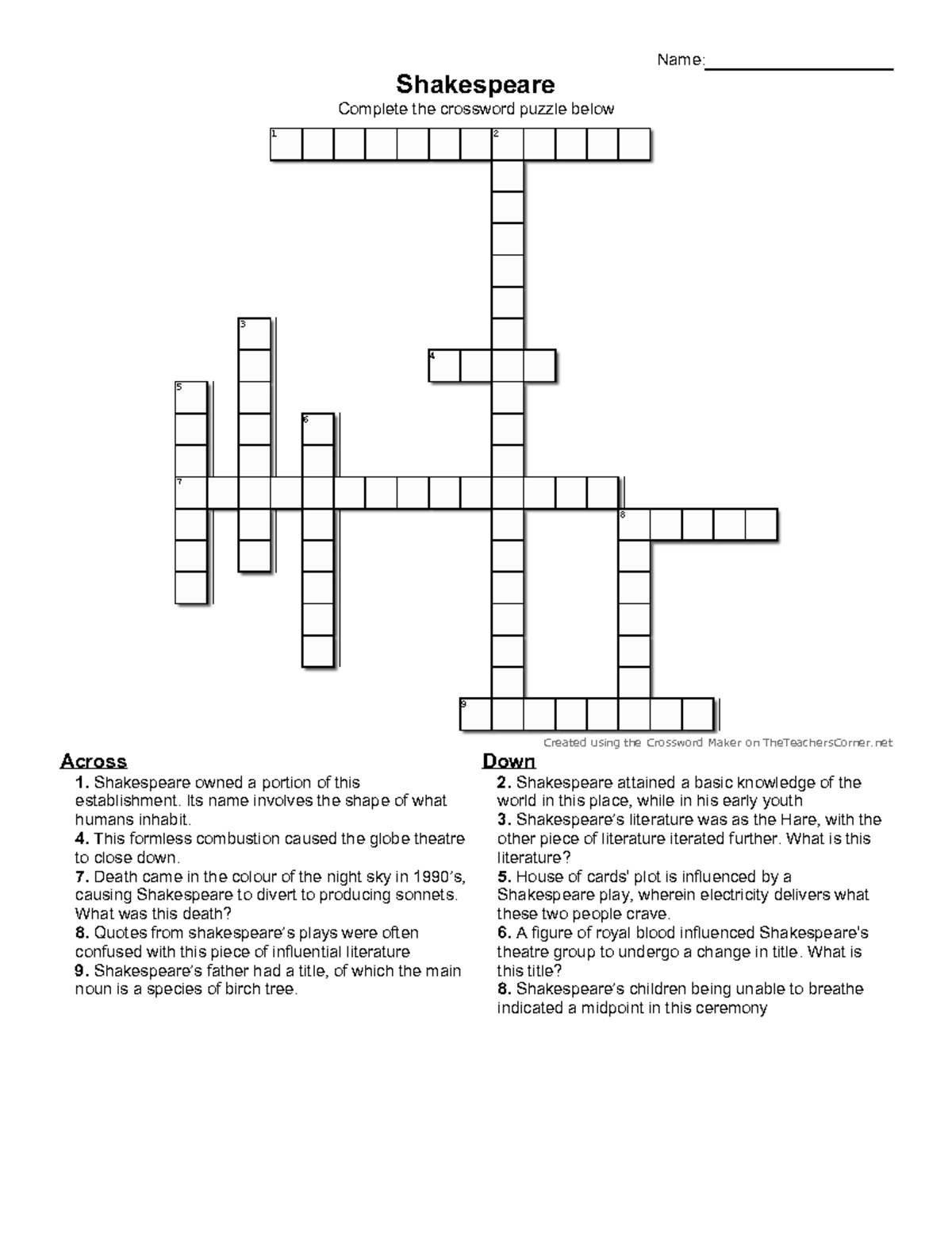 Shakespeare Crossword Puzzle: Explore His Life & Works - Studocu