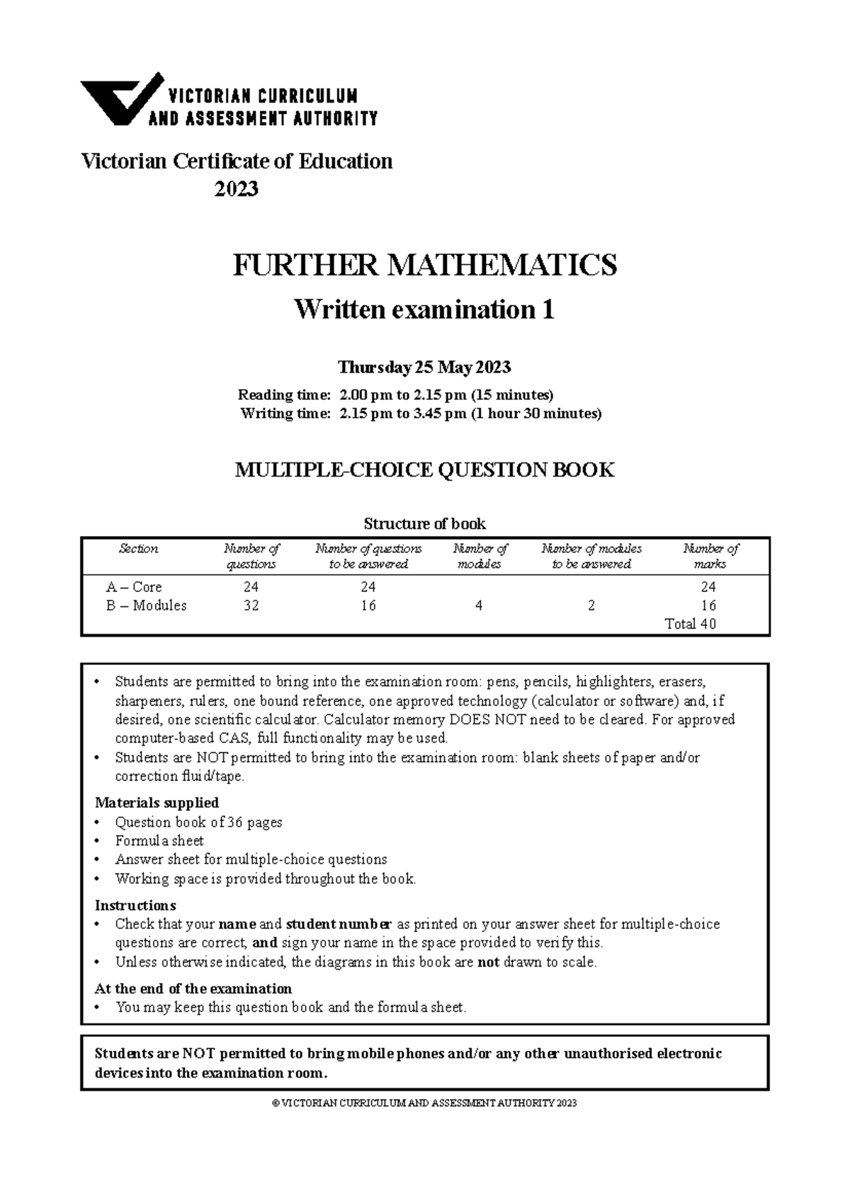 2023FM1 - Final Exam Further Maths MCQ Paper Overview - Studocu