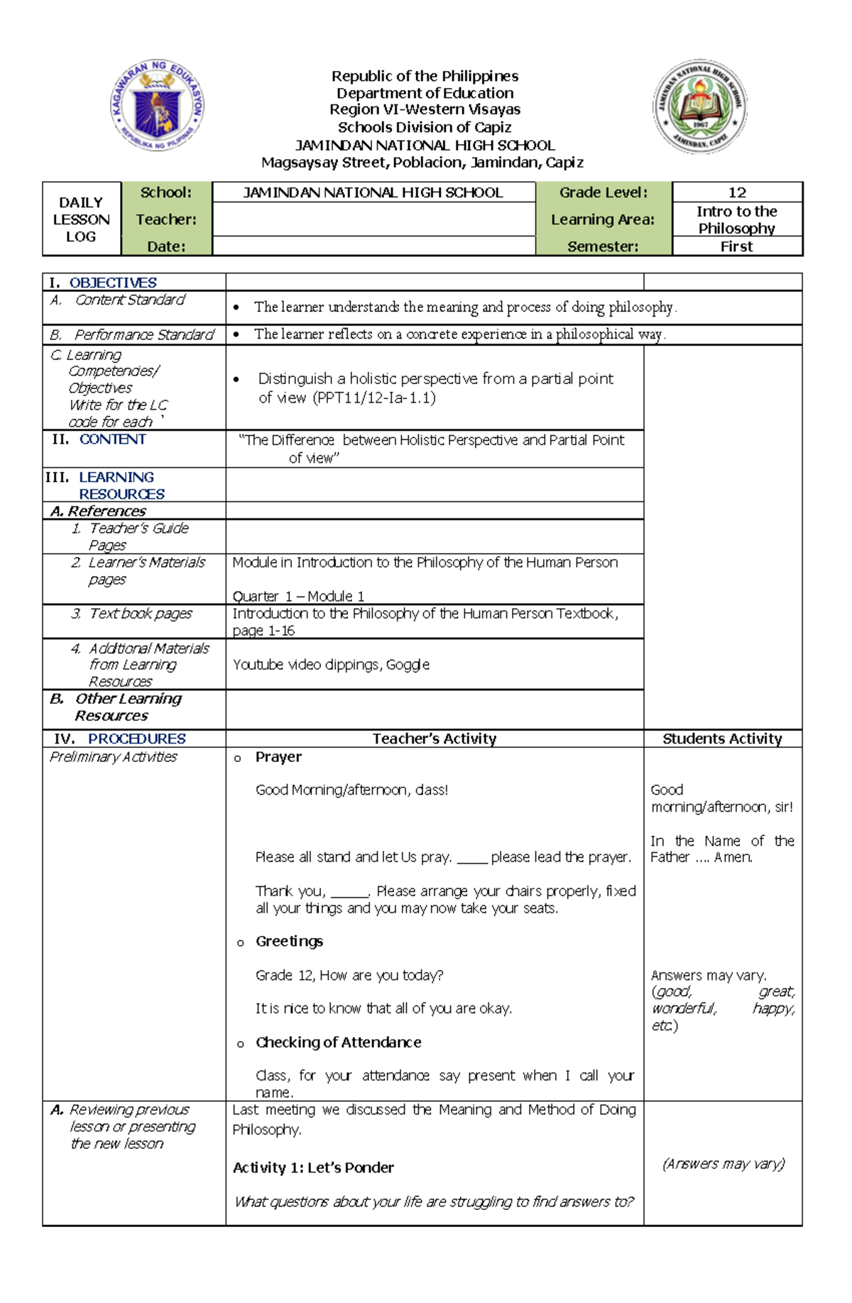 IPHP DLL D2 - Republic of the Philippines Department of Education ...