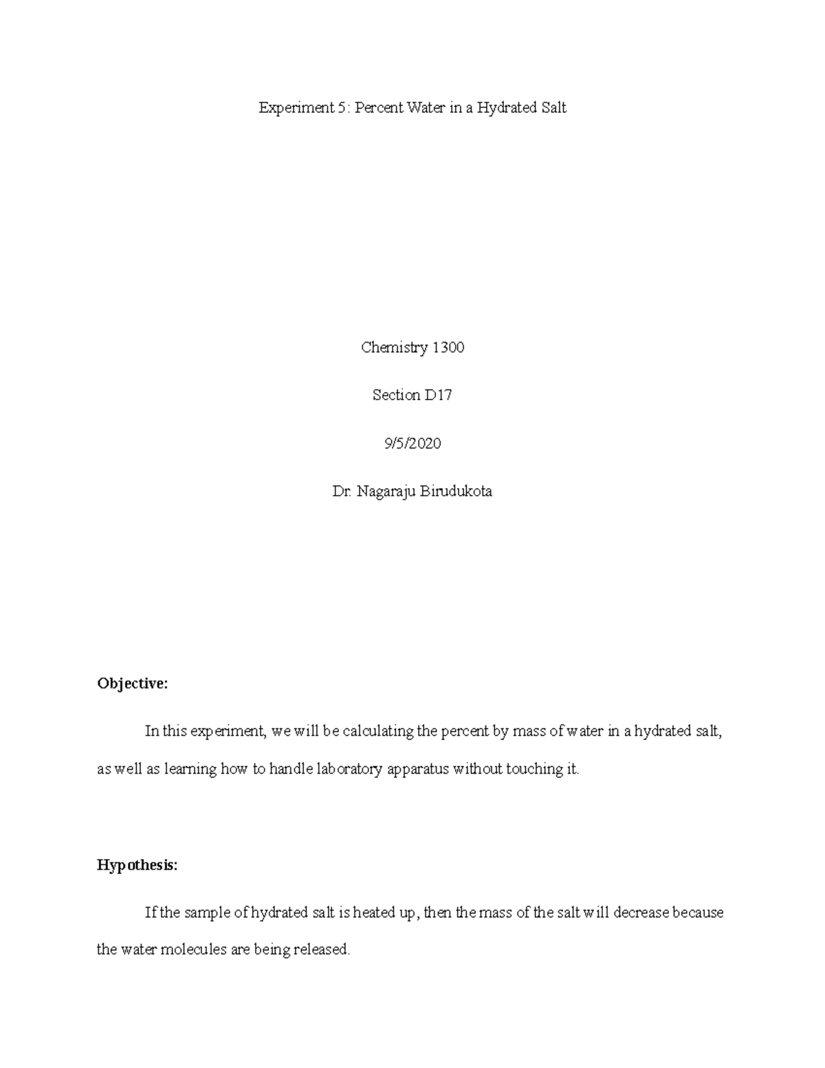 Chemistry 1300 Lab 5 Report: Percent Water in Hydrated Salt Analysis ...