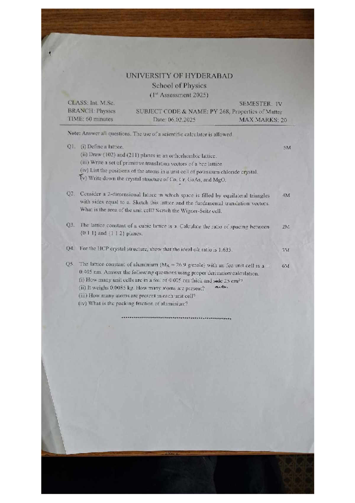 Properties of Matter PY 268 - 1st & 2nd Assessments 2025 - Studocu