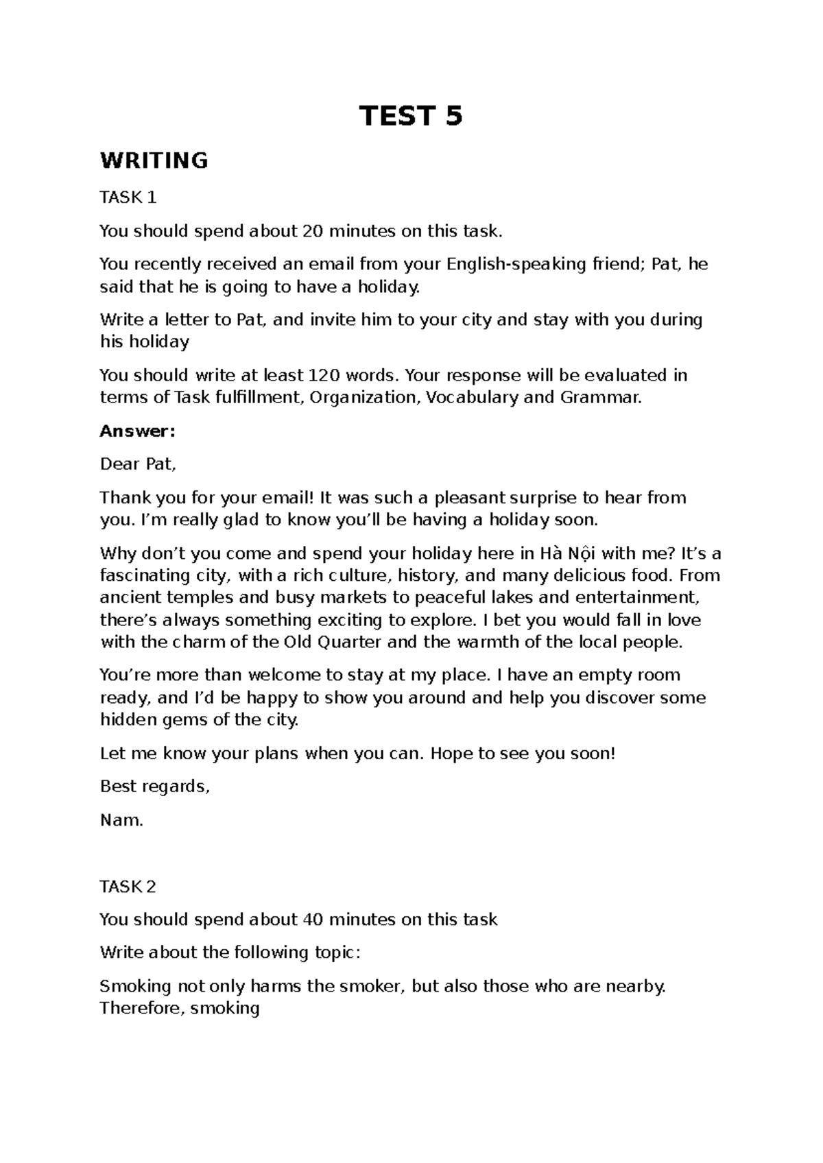 TEST 5: WRITING TASK 1 & 2 - Letter & Essay Responses - Studocu