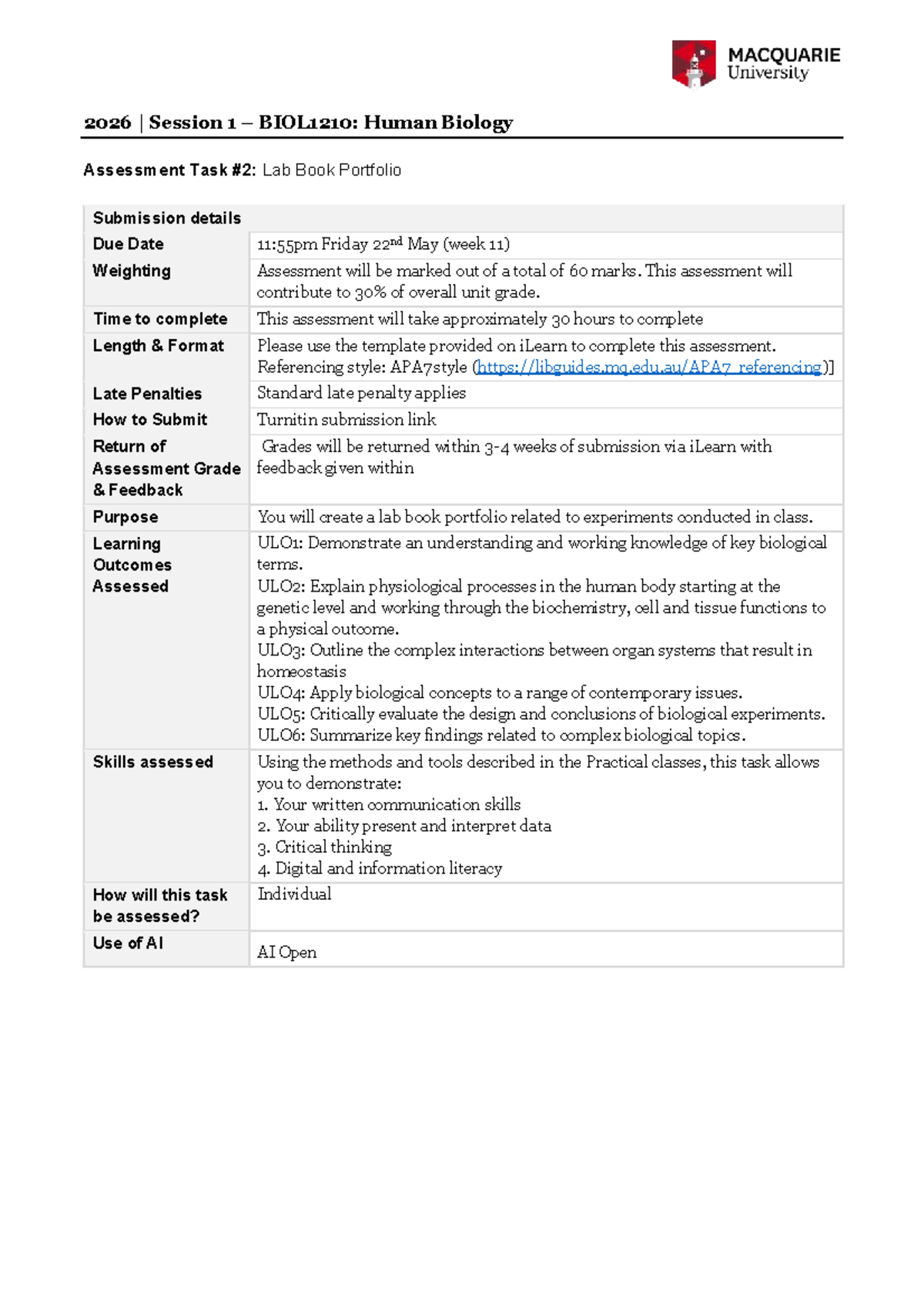 2026 Session 1 BIOL1210: Human Biology AT2 Lab Book Portfolio Guide ...
