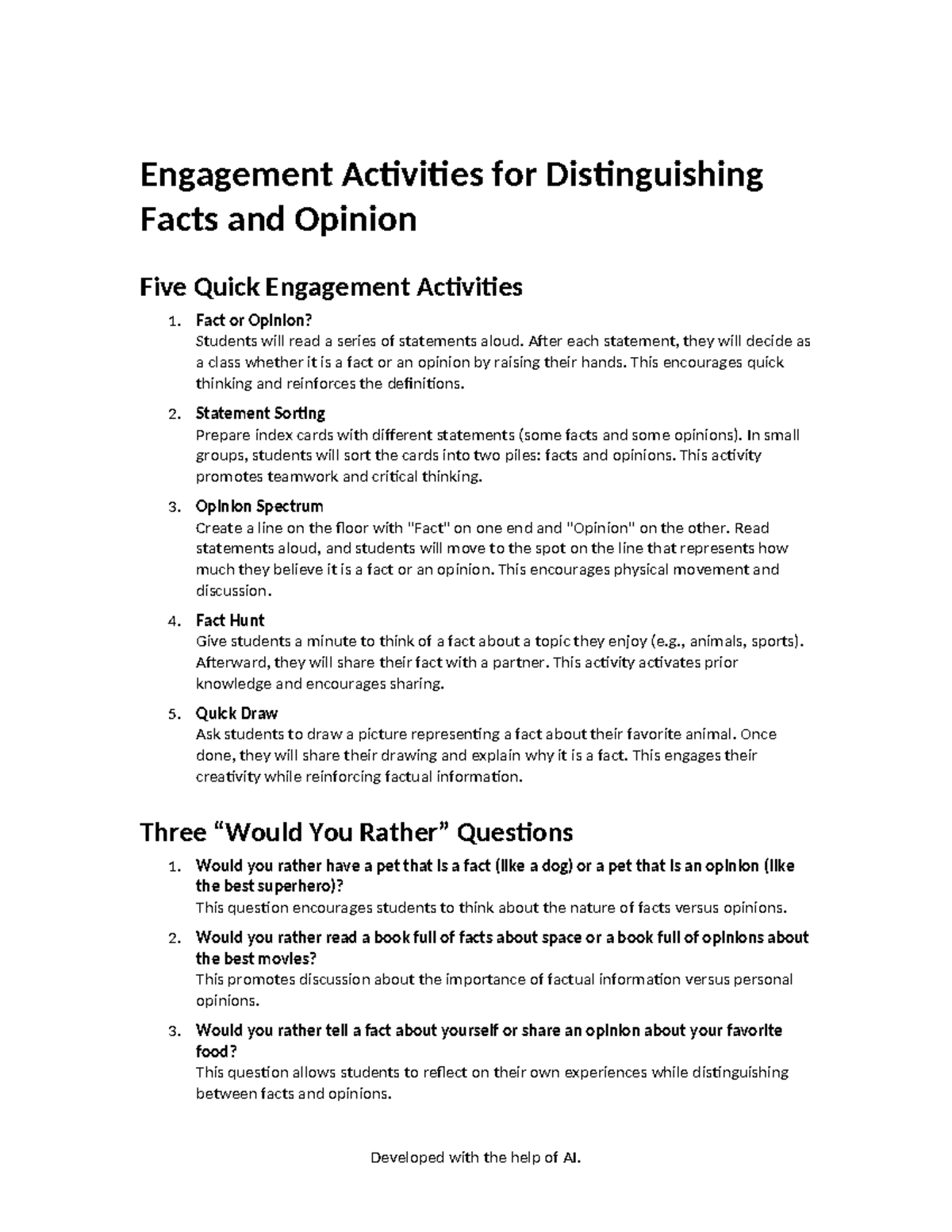 Engagement Activities for Facts vs. Opinions: Quick Strategies - Studocu