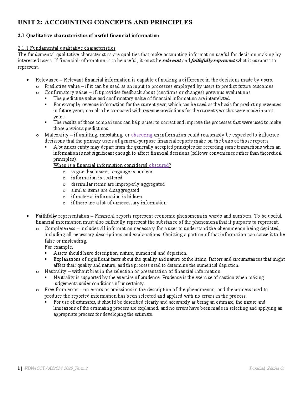 Unit 2: Accounting concepts and principles study guide (FDNACCT 2 ...