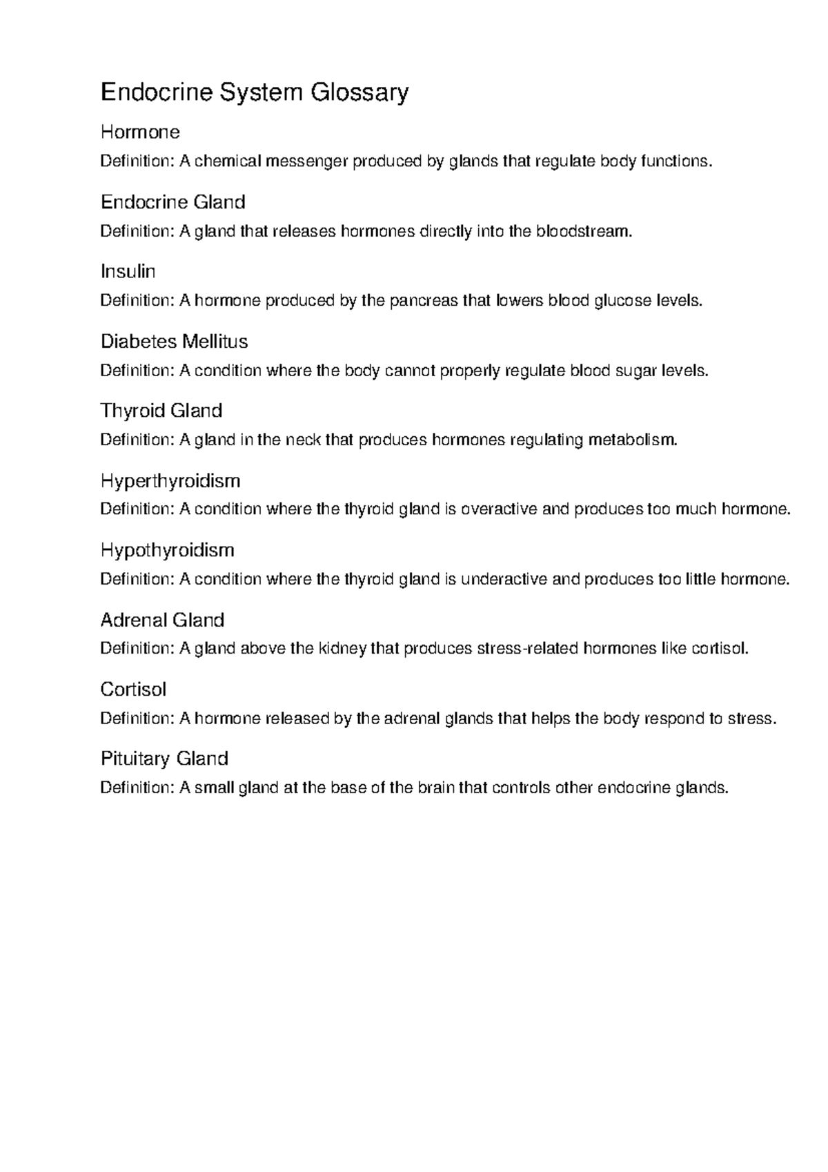 Endocrine System Glossary: Key Hormonal Definitions - Studocu