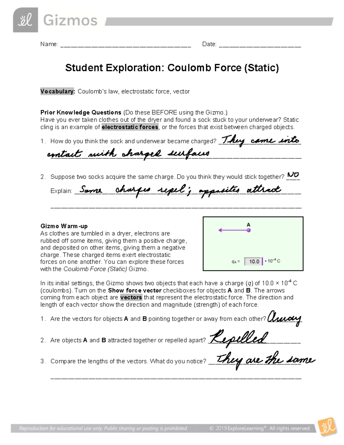 Coulomb Force SE - Explore Learning Gizmo Activity Overview - Studocu