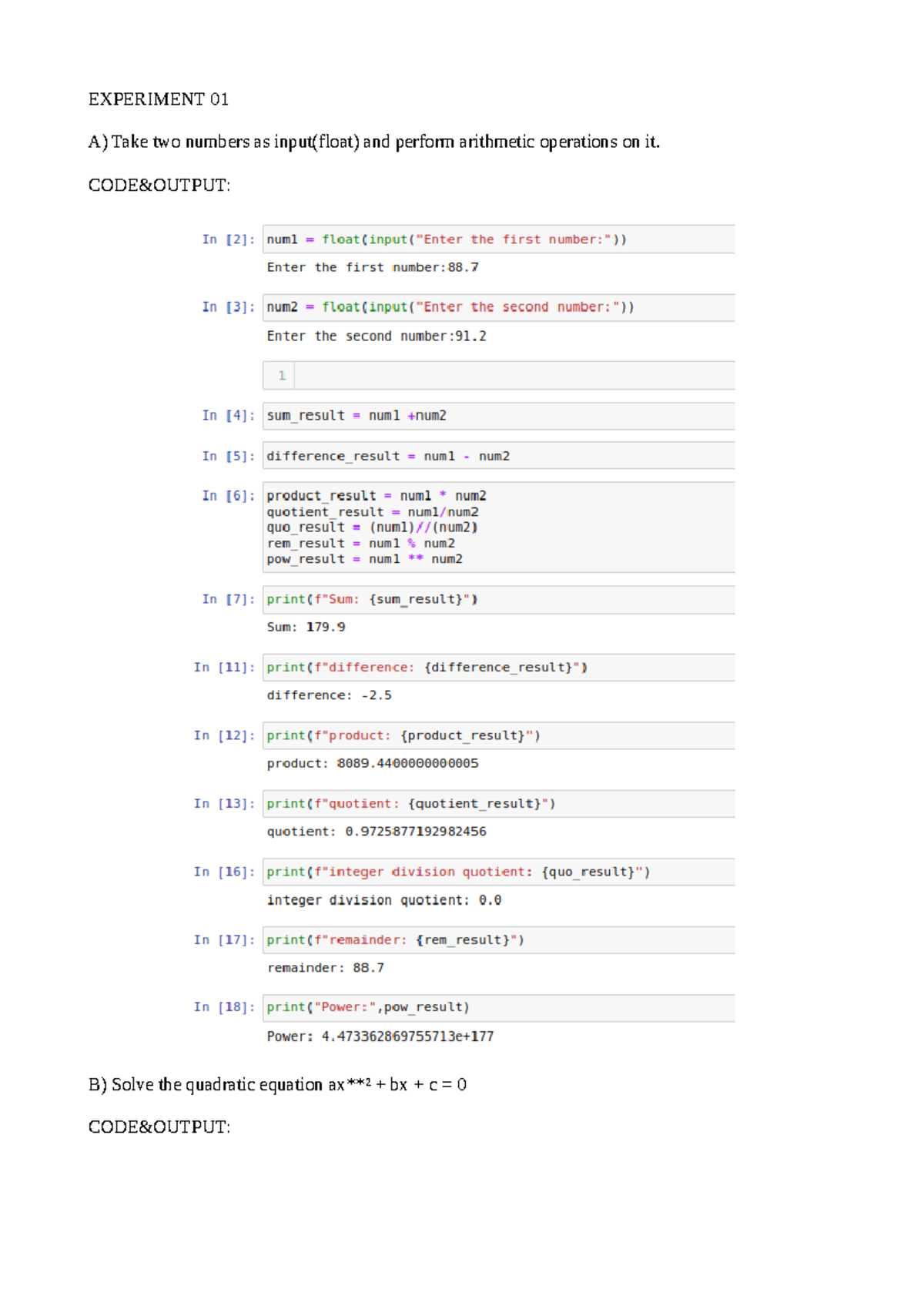 Exp1 - Python Experiment - EXPERIMENT 01 A) Take two numbers as input ...
