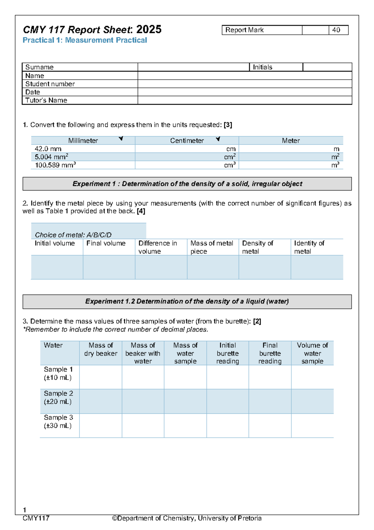 CMY 117 Practical 1 Measurement Report Sheet and Analysis - Studocu