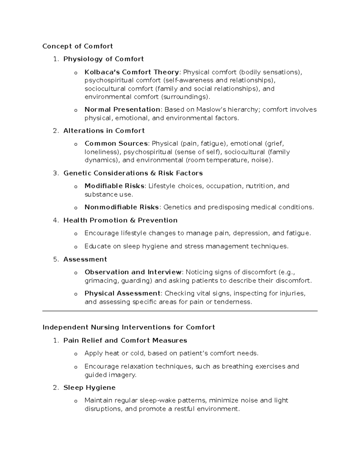NUR 301 - Concept of Comfort: Comprehensive Lecture Notes - Studocu