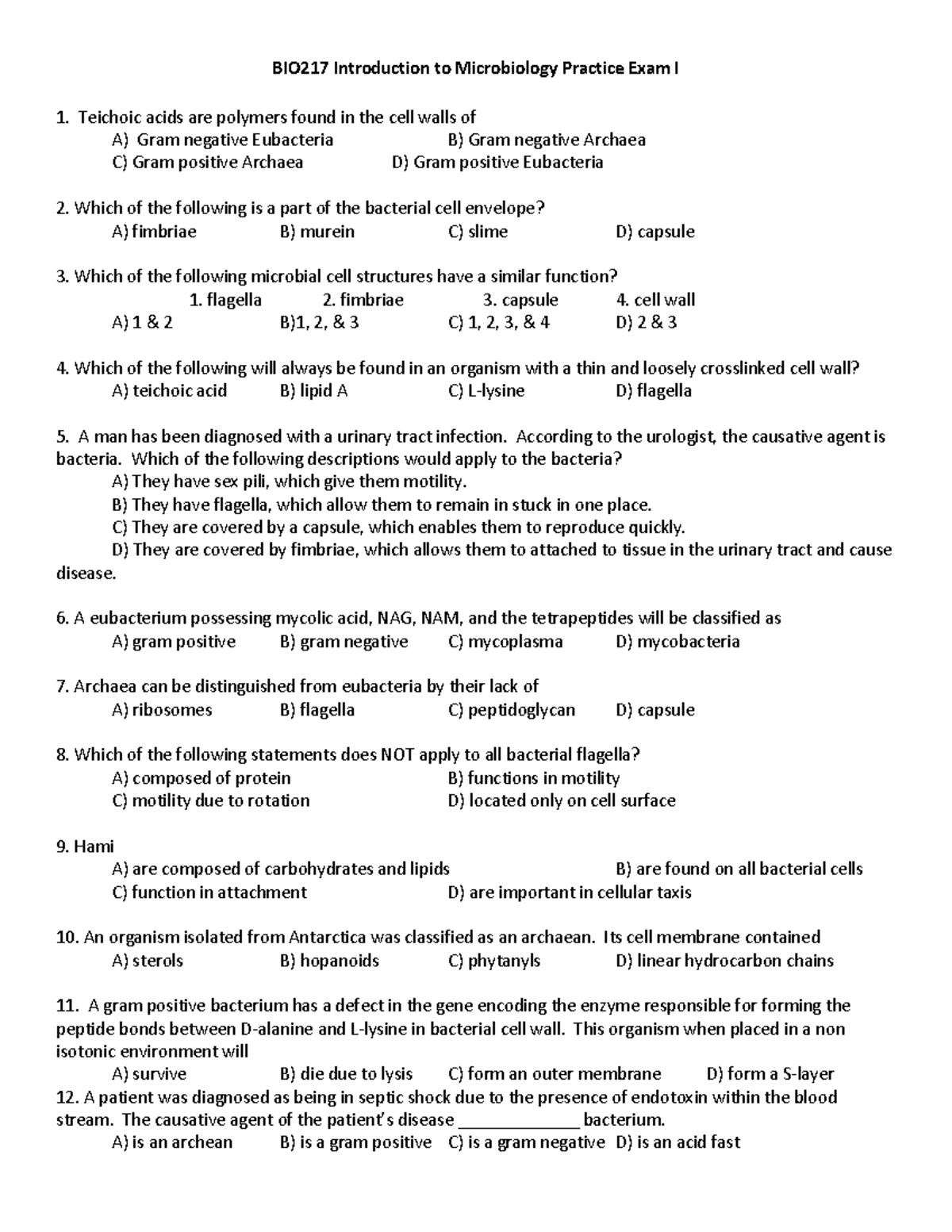 BIO217 Microbiology Practice Exam I Study Guide S21 - Studocu