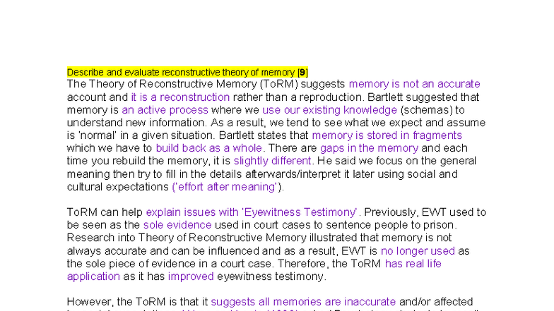 Psychology 9 Markers: Evaluating Memory Theories and Cognitive ...