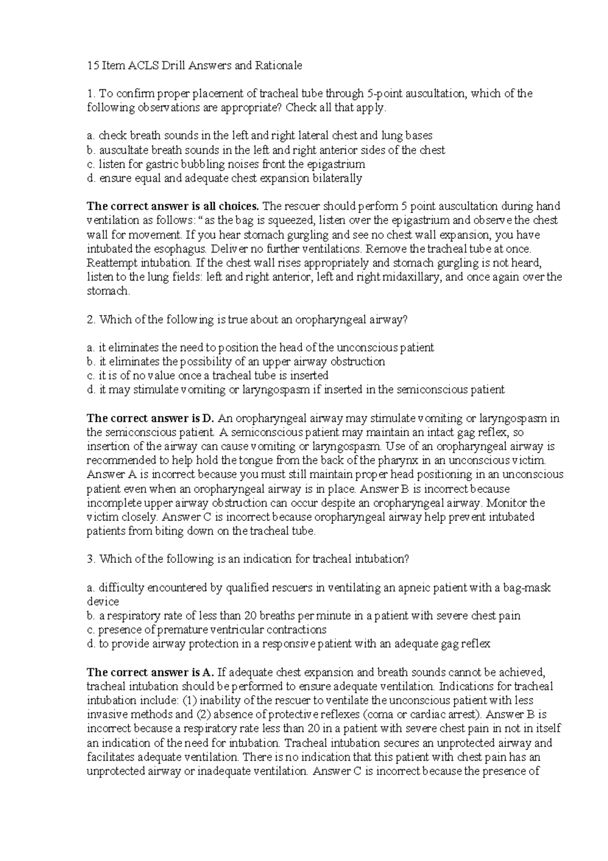 ACLS 15 Item Drill Answers & Rationale: Key Concepts Explained - Studocu
