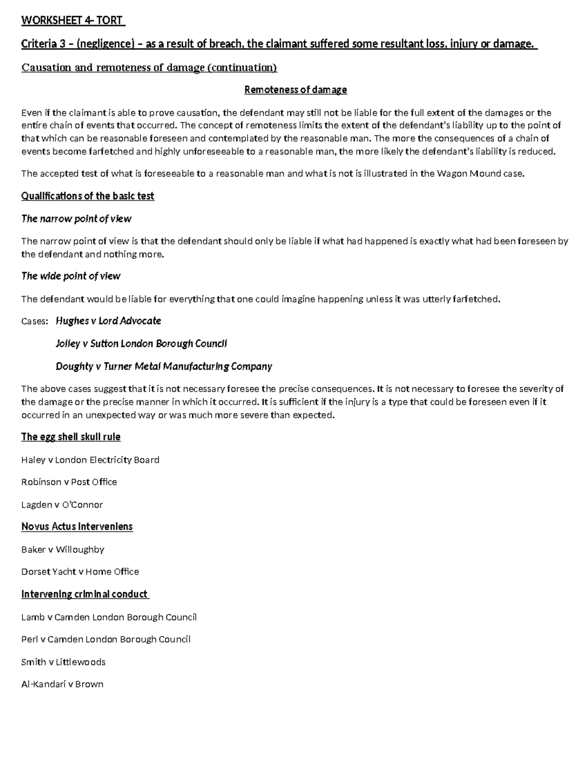 Tort Law Worksheet 4: Causation & Remoteness of Damage Analysis - Studocu