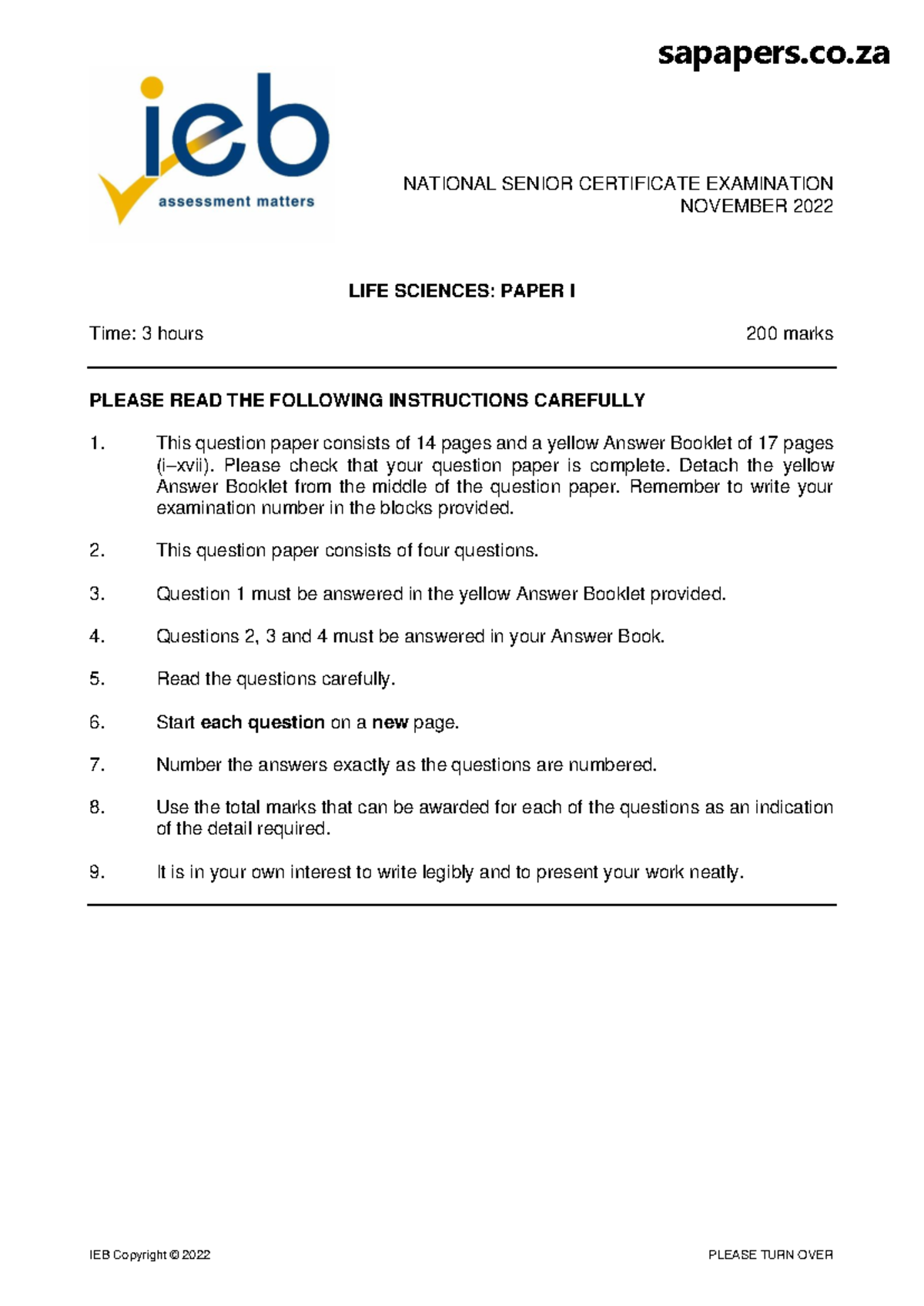 Life Sciences P1 2022 - notes for study - IEB Copyright © 202 2 PLEASE ...