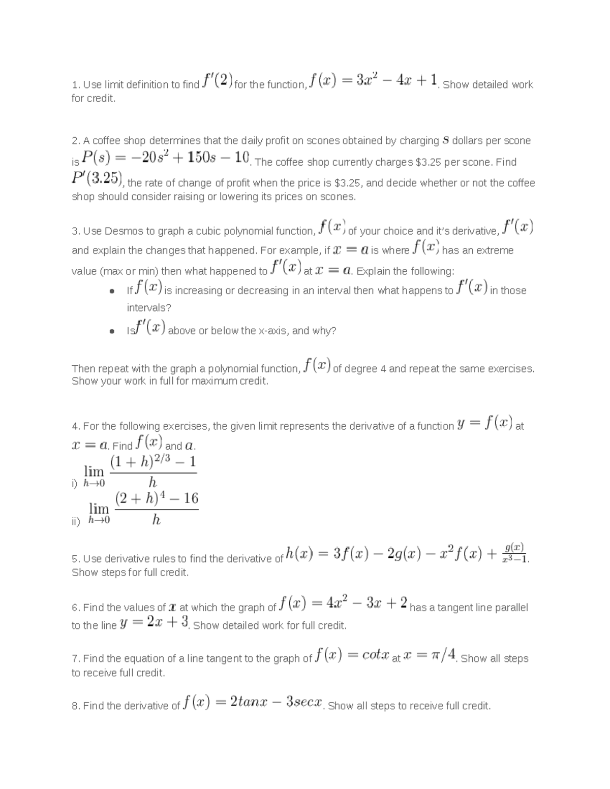 Written Assignment Unit 3 - Use limit definition to find for the ...