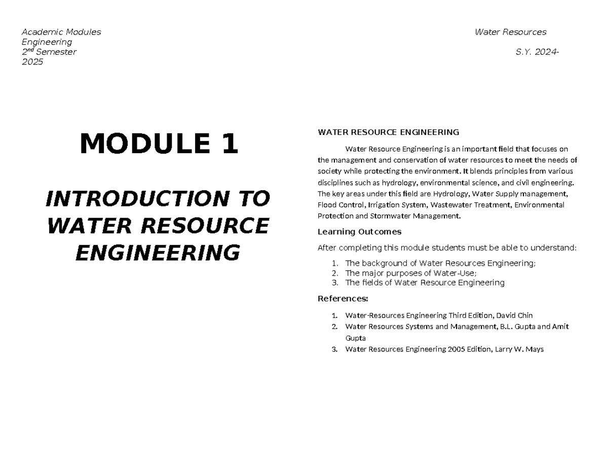 WRE 2nd Sem 2025 Module 1: Intro to Water Resource Engineering - Studocu