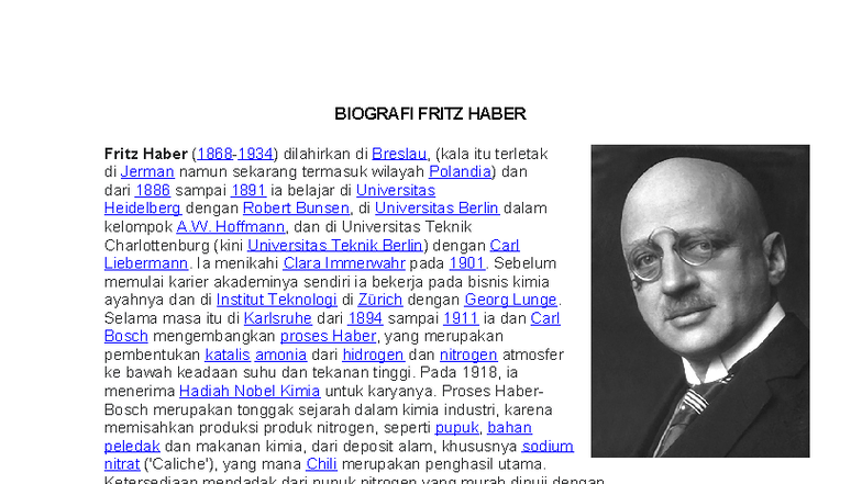 Biografi Fritz Haber: Kontribusi dan Kontroversi dalam Kimia - Studocu
