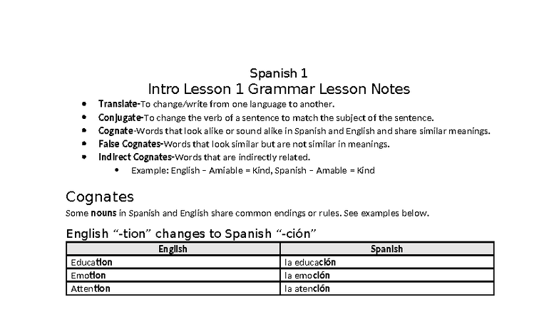 Spanish 1 IUL1 Lesson 1 Grammar Notes on Cognates and Adjectives - Studocu