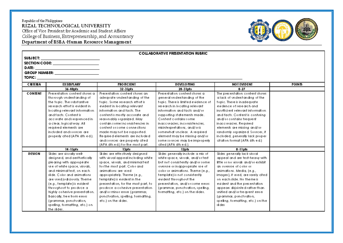 CBEA 2024-2025 Collaborative Presentation & Written Report Rubric - Studocu