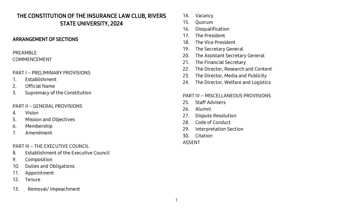 Insurance Law Club Constitution - Rivers State University 2024 - Studocu