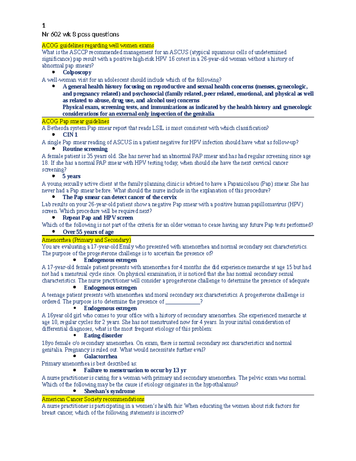 Nr 602 final week 8 poss questions - Nr 602 wk 8 poss questions ACOG ...