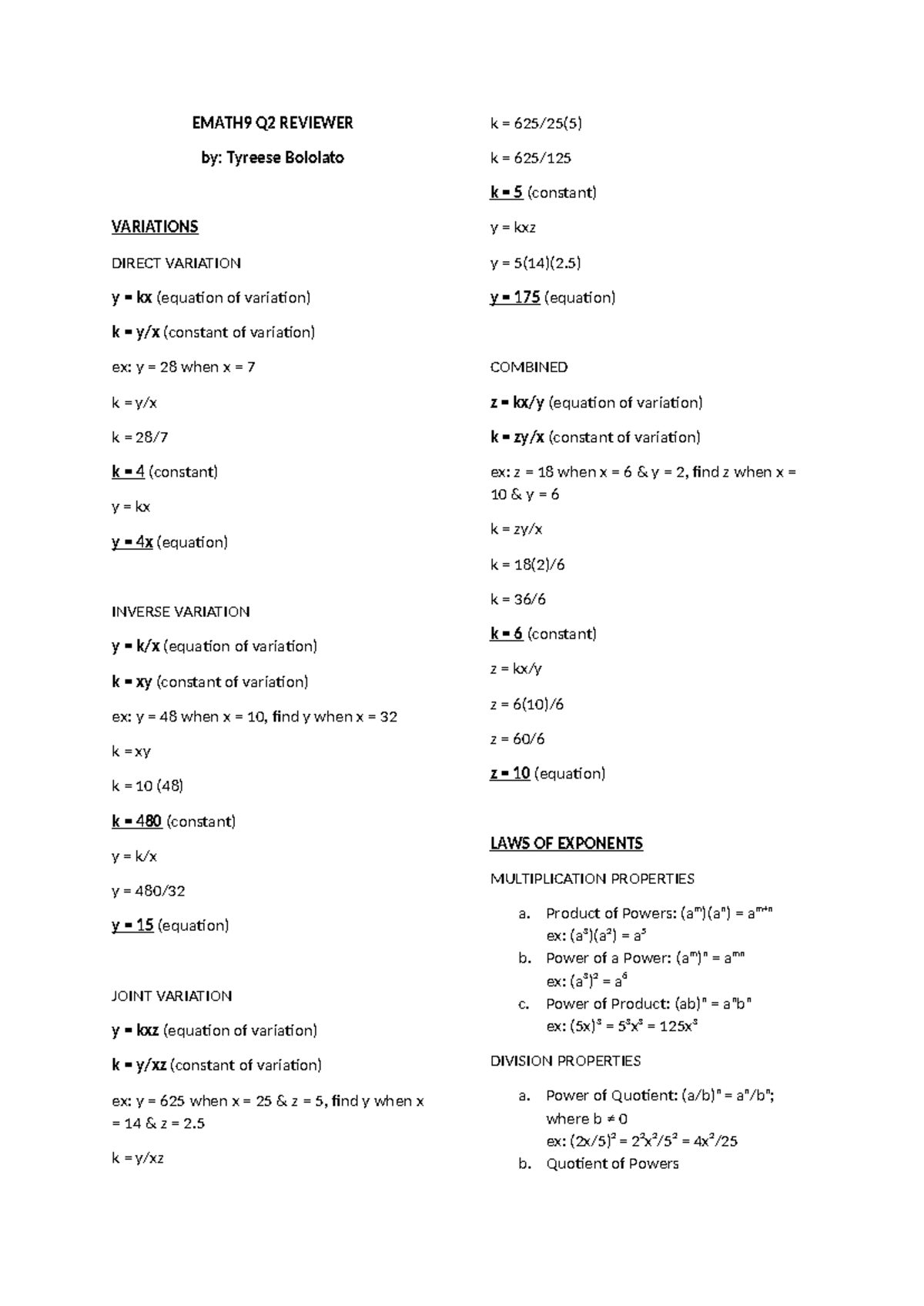 EMATH9 Q2 REVIEWER: Variations, Exponents, and Radicals - Studocu