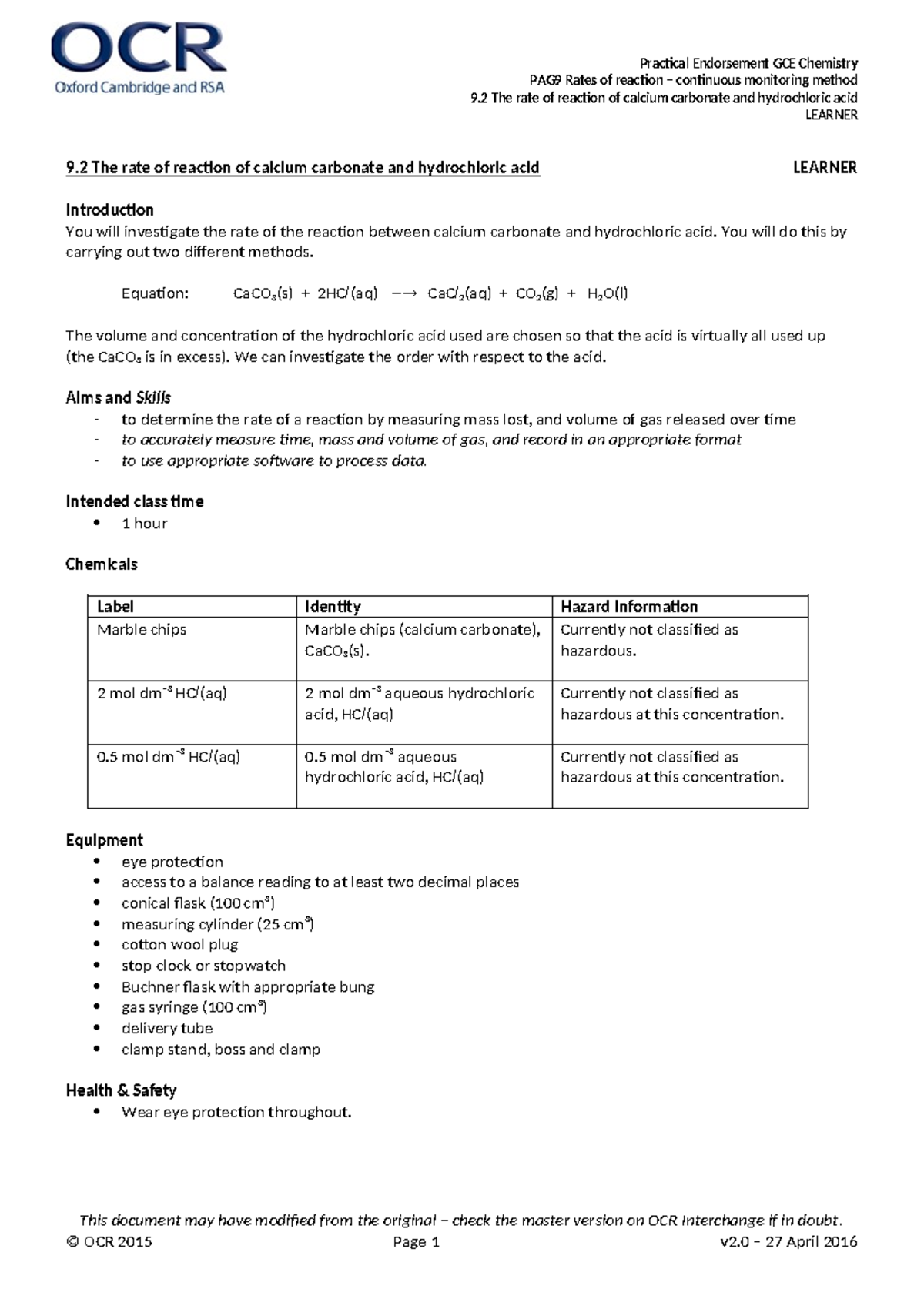 GCE Chemistry PAG9-2: Rates of Reaction - Monitoring Methods for CaCO3 ...