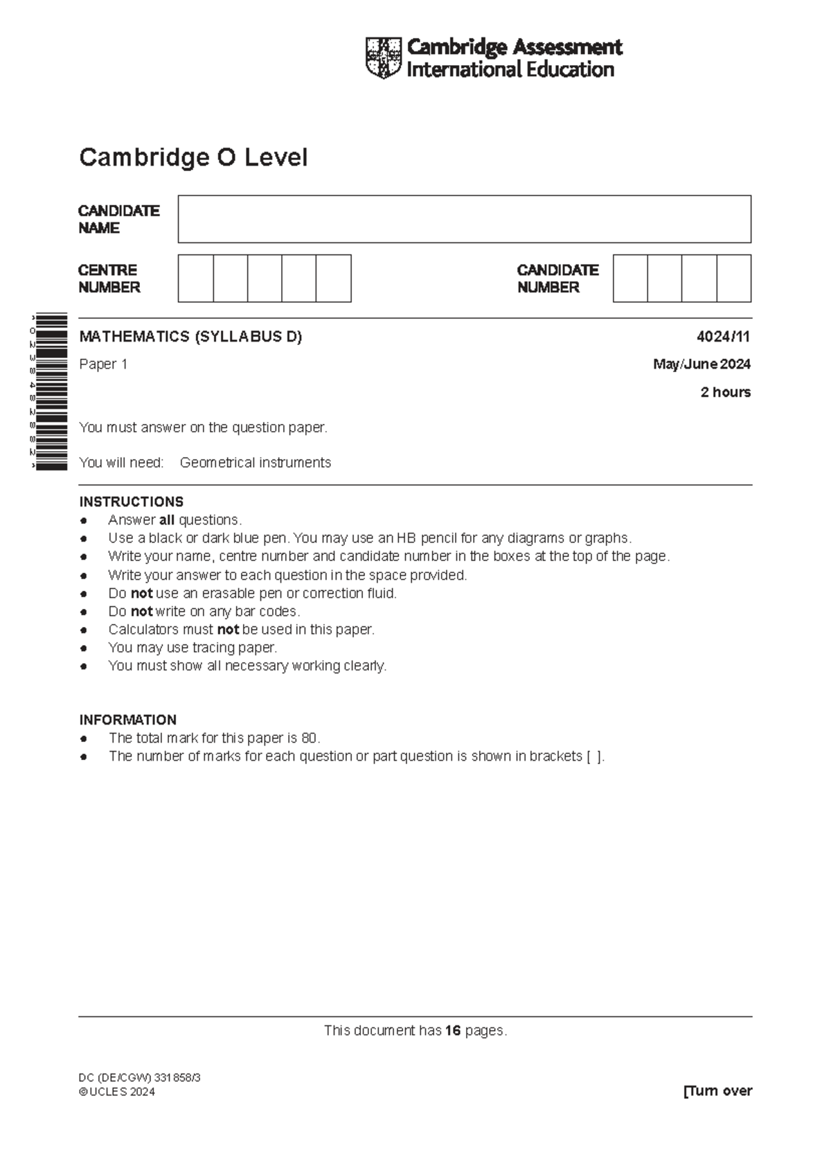 Cambridge O Level 4024 Mathematics Paper 1 Practice Questions 2024 ...