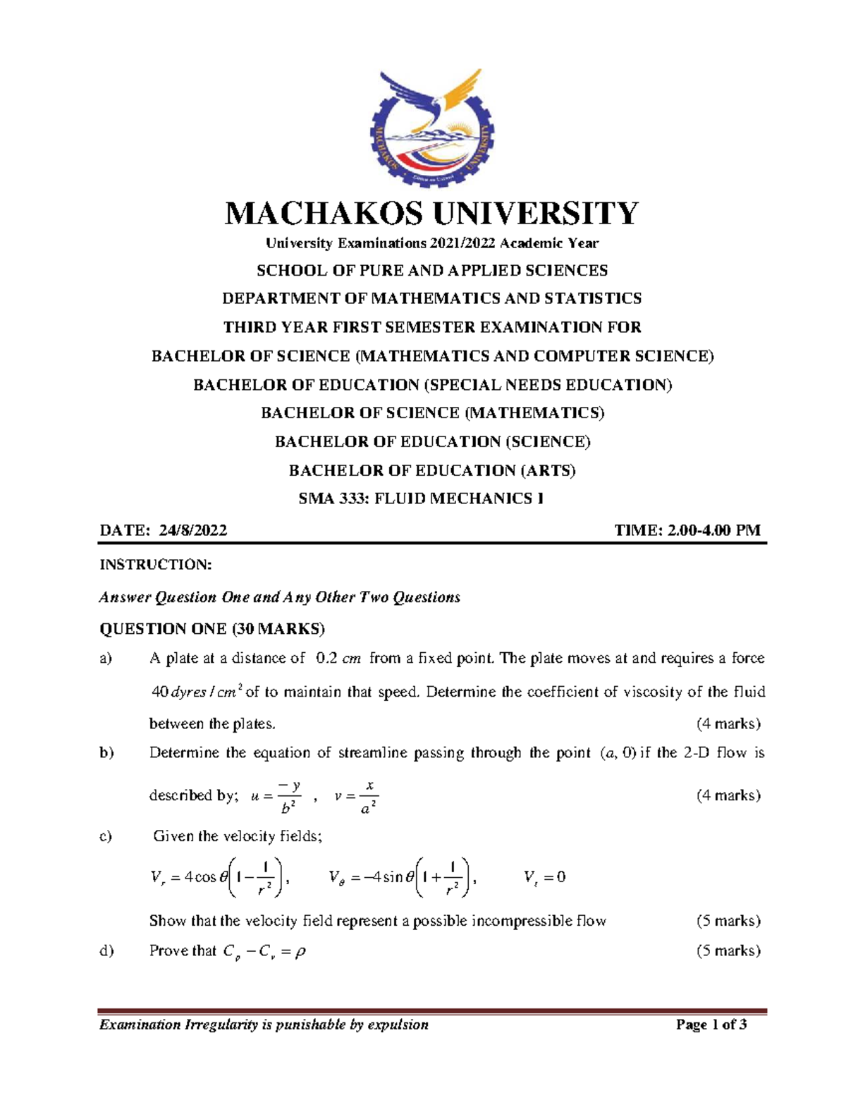 SMA 333 Final Exam: Fluid Mechanics I Comprehensive Review - Studocu