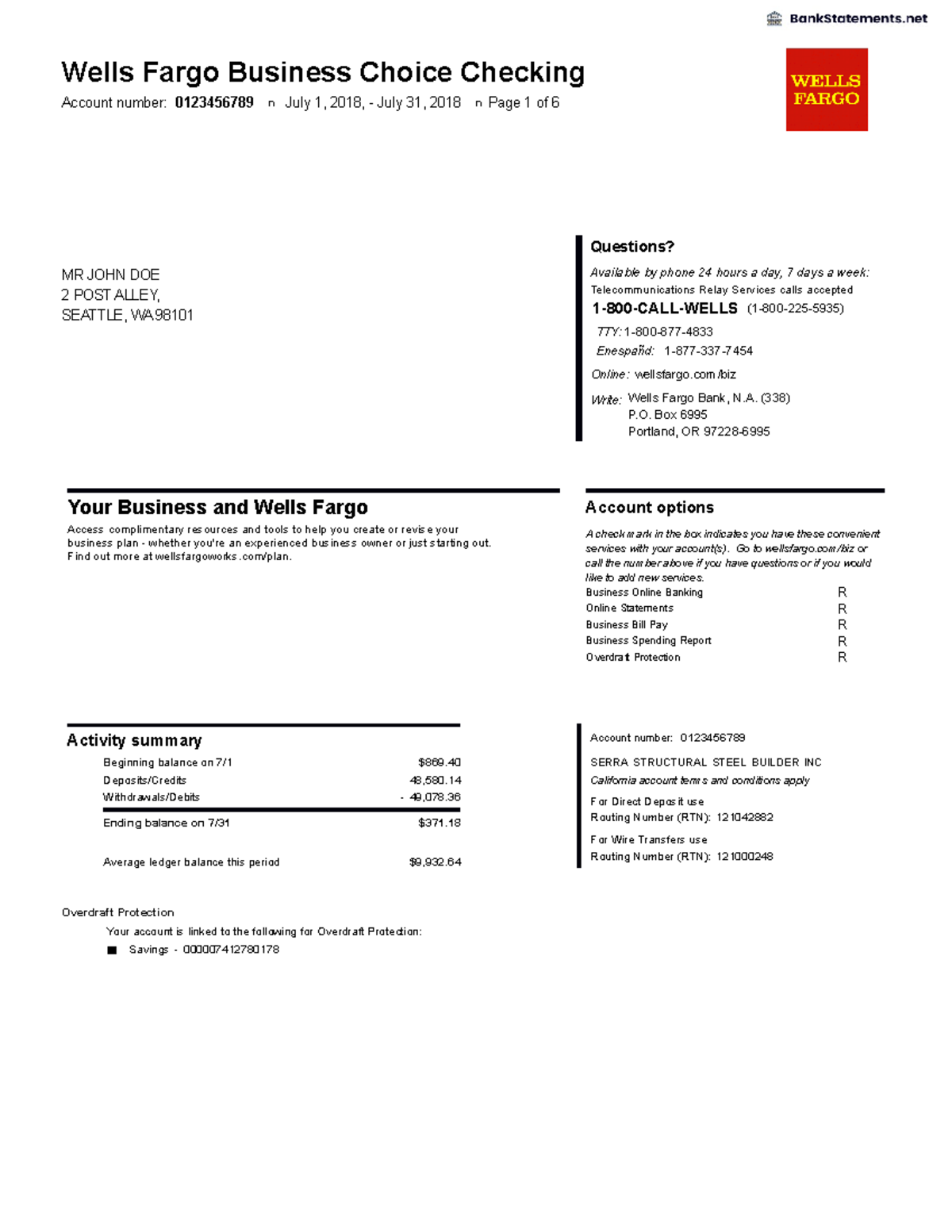 Business Bank Statement Wells Fargo Bank Statements - Wells Fargo Business Choice Checking ...