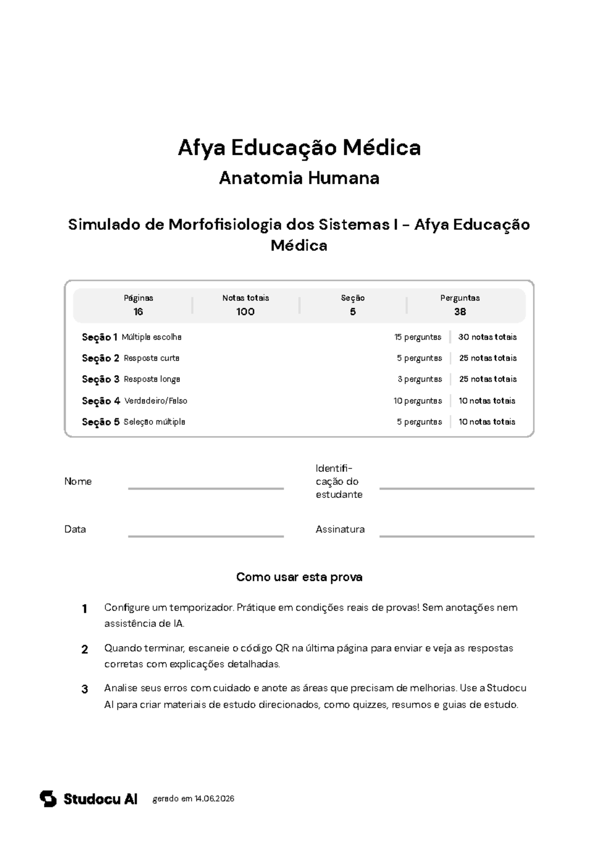 Simulado de Morfofisiologia dos Sistemas I - Afya Educação Médica - Studocu