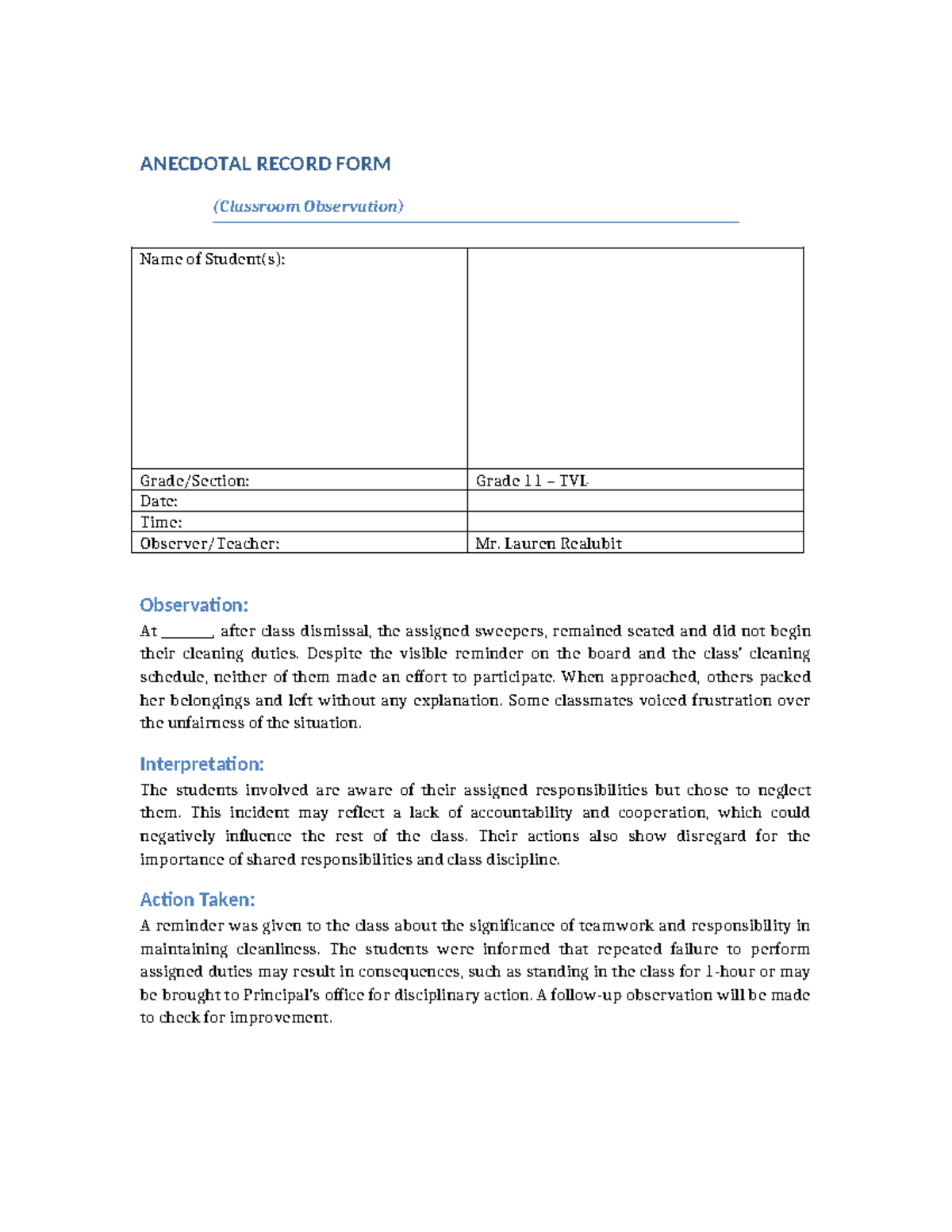 Grade 11 TVL Anecdotal Record: Classroom Observation of Sweepers - Studocu