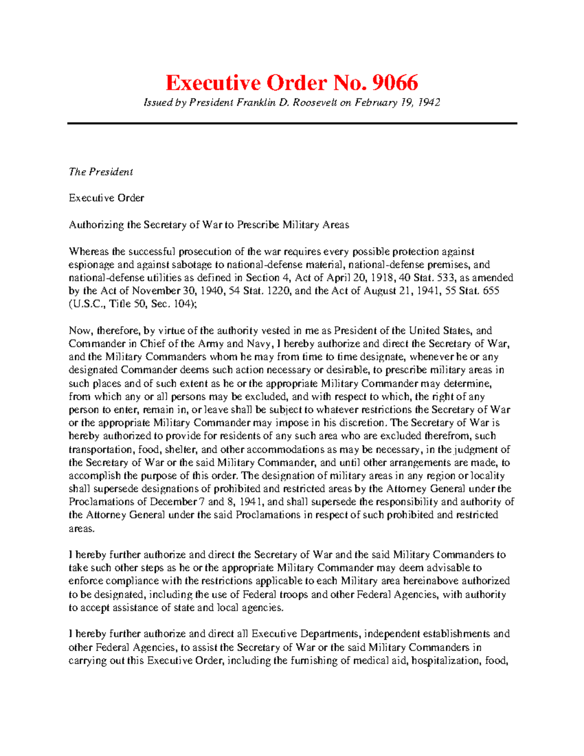 Executive Order No. 9066: Military Areas by FDR (Feb 1942) - Studocu
