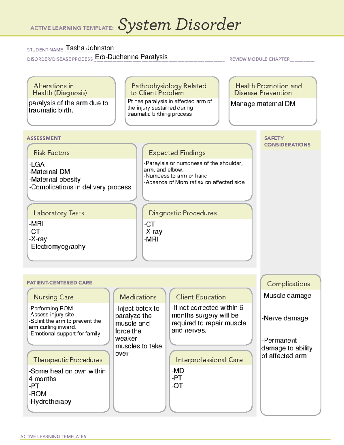 Erb's Palsy - Active Learning Template for Nursing Module - Studocu