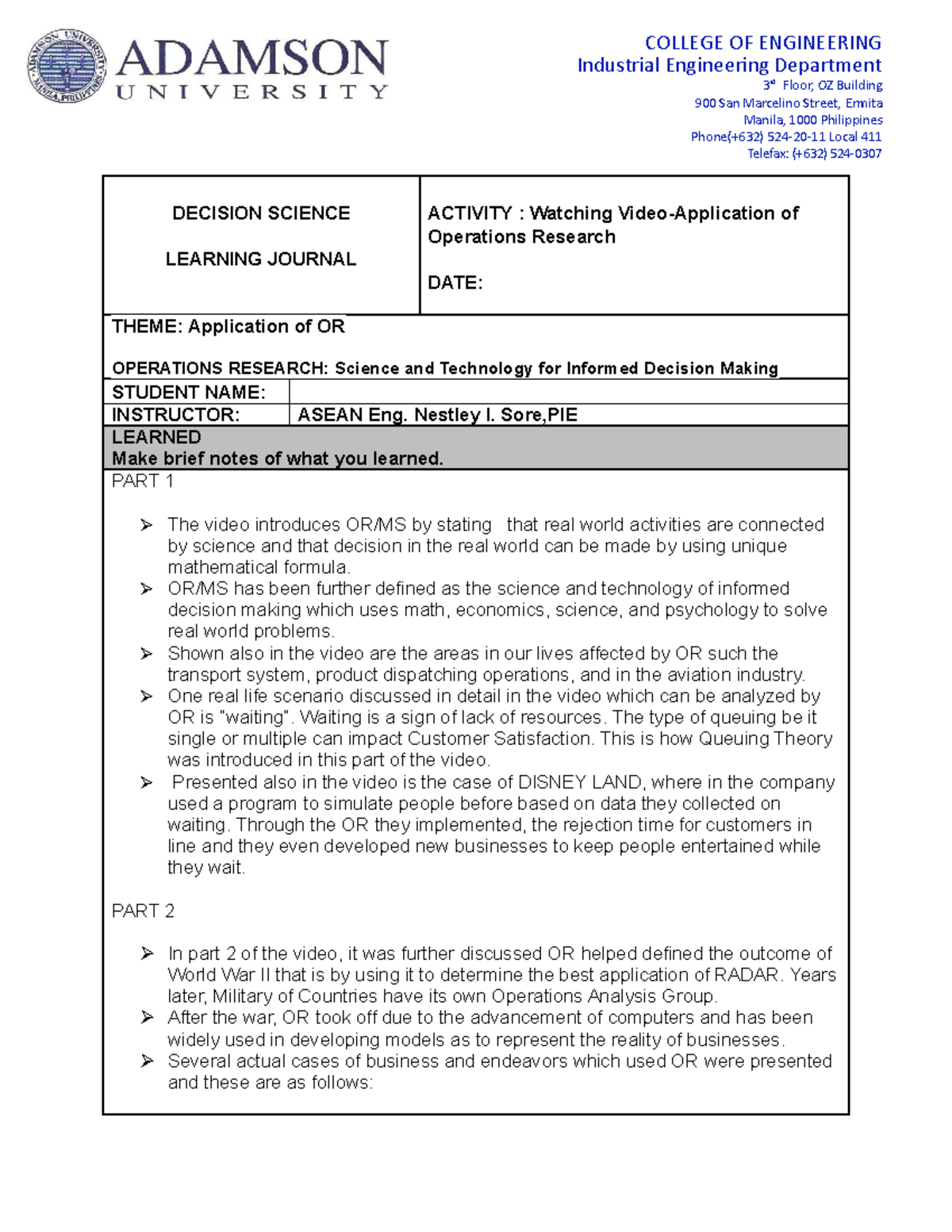 Reflection Journal -Application of OR Report by Ryan Paul Balagtas Aug ...