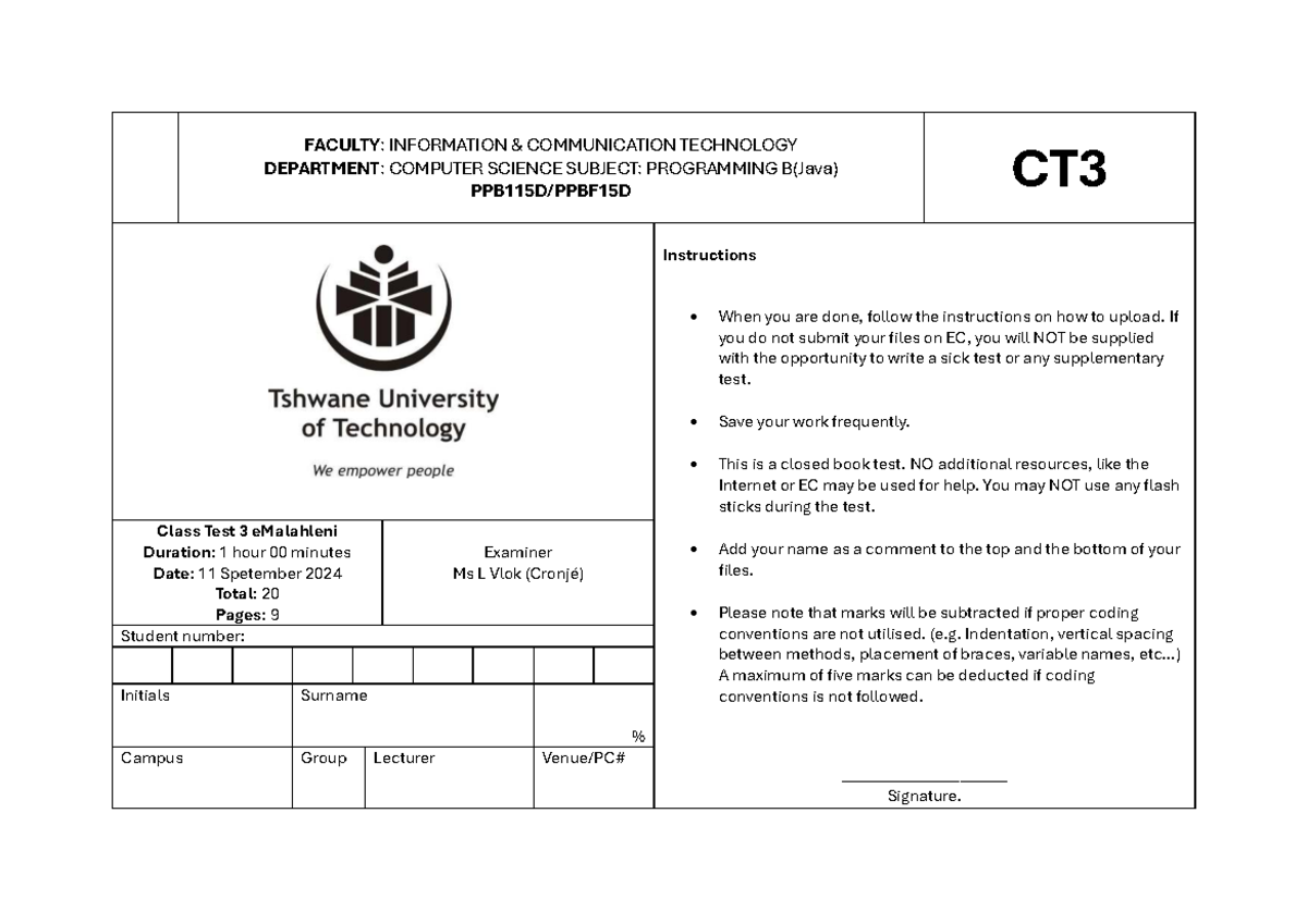 CT3 - Programming B(Java) Class Test 3 Instructions S2 2024 - Studocu